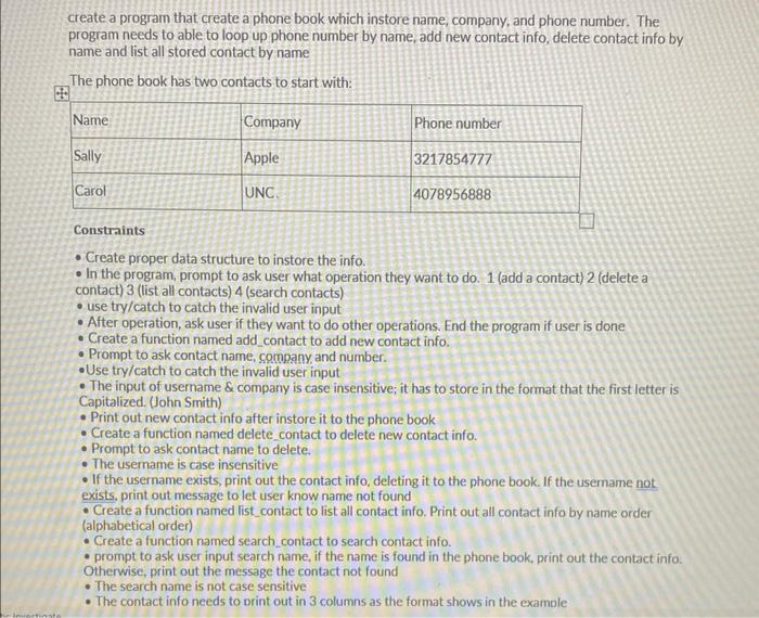 Solved create a program that create a phone book which | Chegg.com