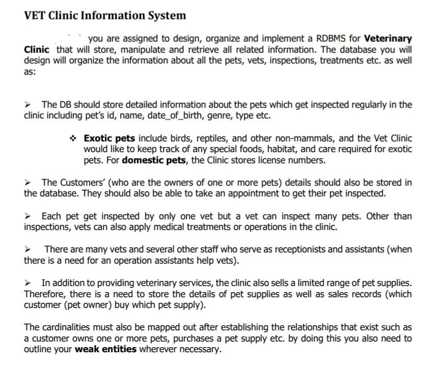 Solved VET Clinic Information System you are assigned to | Chegg.com