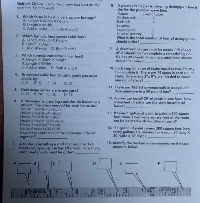 Solved Multiple Choice. Circle the answer that best fits the | Chegg.com