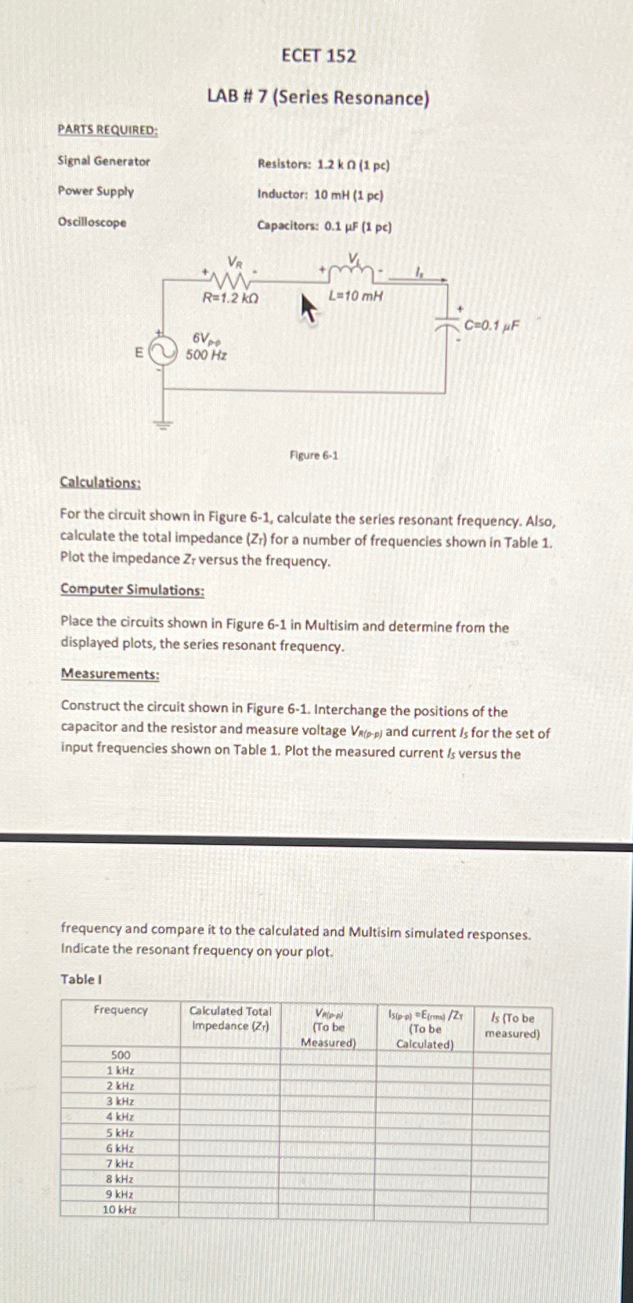 ECET 152LAB # 7 (Series Resonance)PARTS | Chegg.com