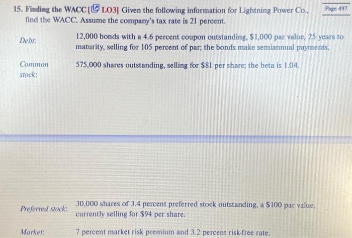Solved 15. Finding the WACC [@ LO3] Given the following | Chegg.com