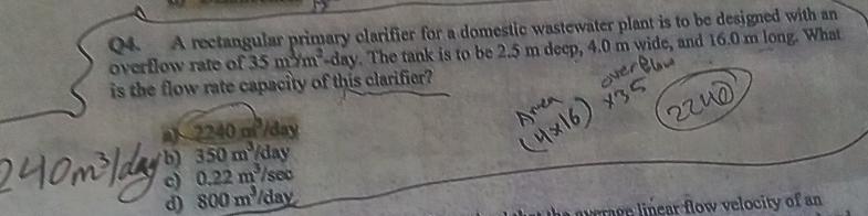Solved SQ4. ﻿A rectangular primary clarifier for a domestio | Chegg.com