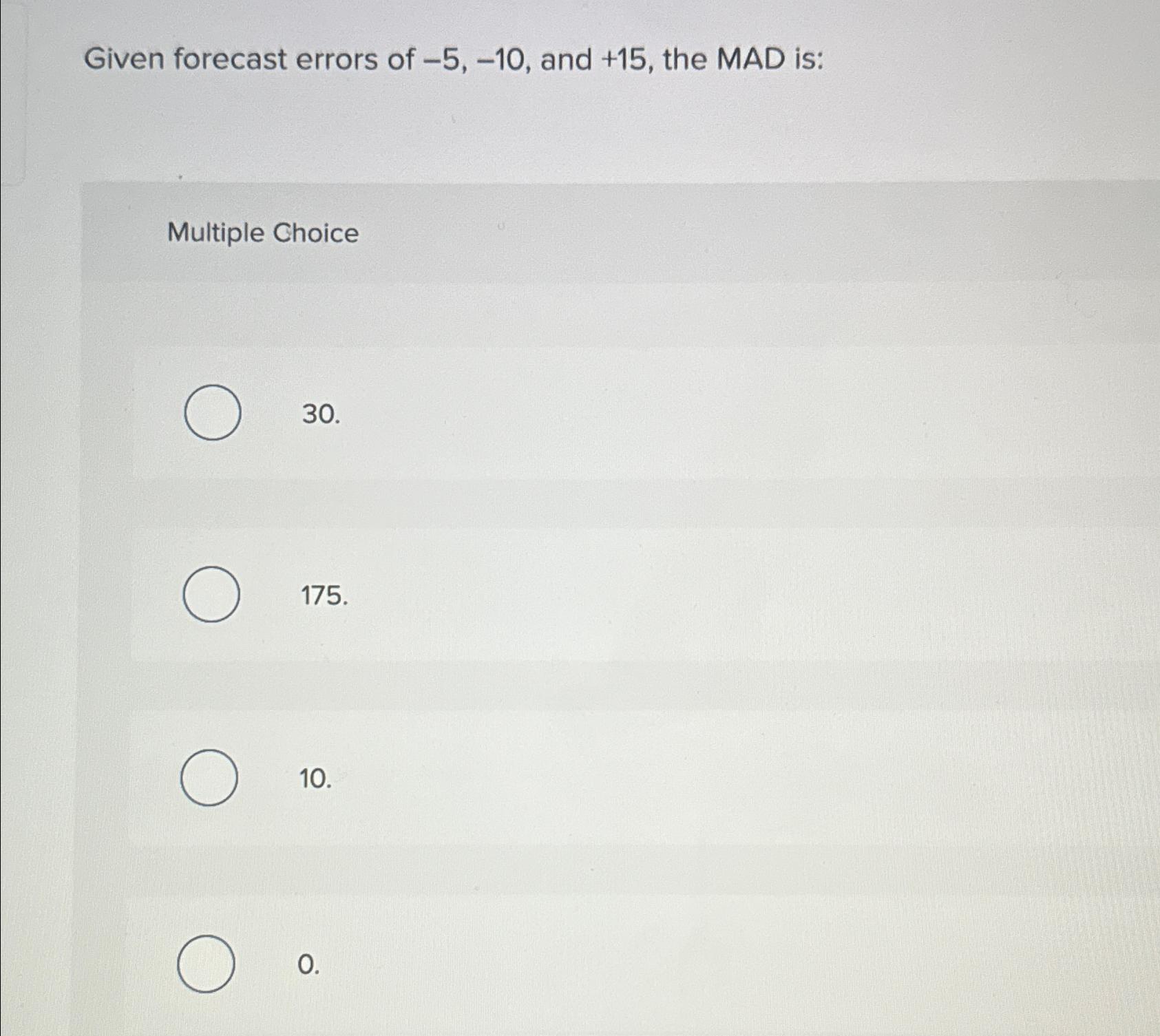 Solved Given forecast errors of -5,-10, ﻿and +15 , ﻿the MAD | Chegg.com