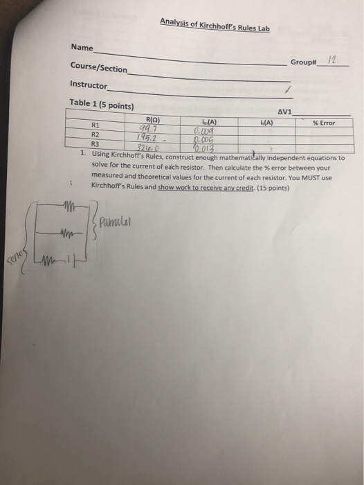 Solved Analysis of Kirchhoff's Rules Lab Name Group# 12 | Chegg.com