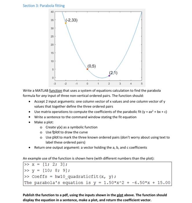 Solved Section 3: Parabola fitting Write a MATLAB function | Chegg.com
