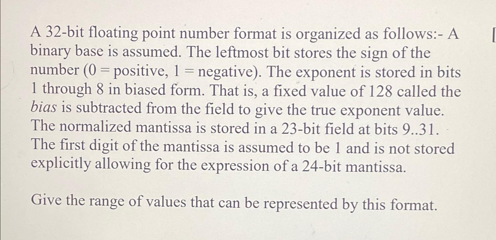 Solved A 32 bit Floating Point Number Format Is Organized As Chegg