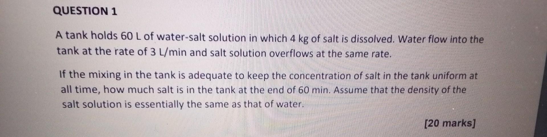 Solved A tank holds 60 L of water-salt solution in which 4 | Chegg.com
