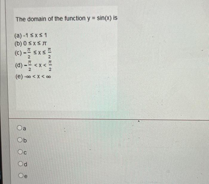 Solved The domain of the function y=sin(x) is (a) −1≤x≤1 (b) | Chegg.com
