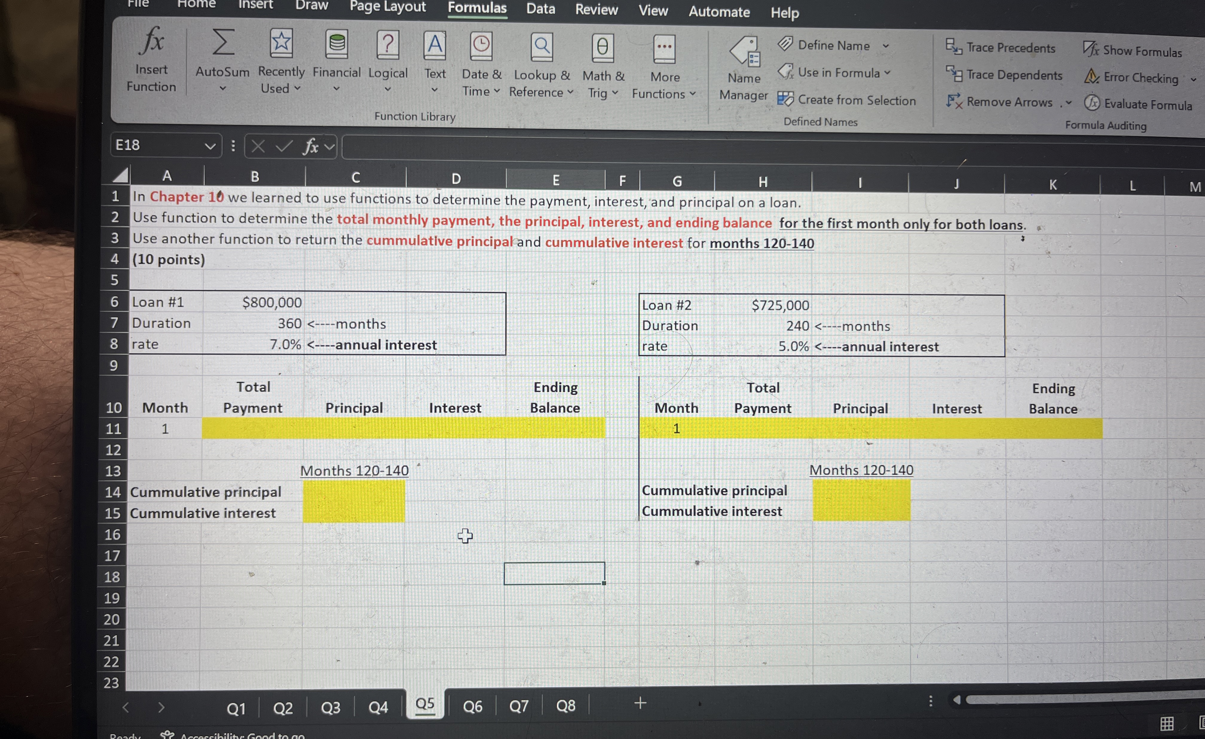 Solved Can you create excel formulas for all highlighter | Chegg.com