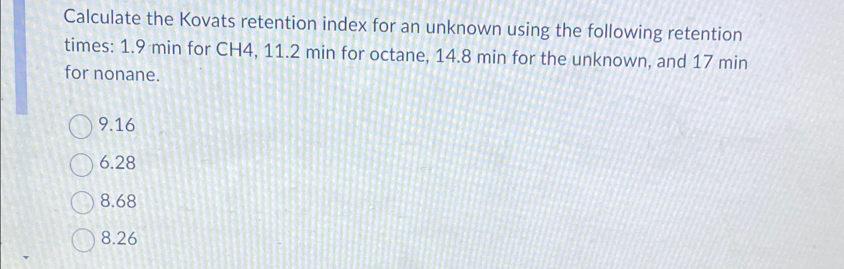 Solved Calculate the Kovats retention index for an unknown | Chegg.com