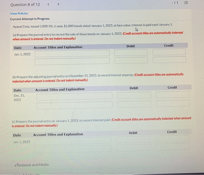 Solved Question 8 of 12 View Policies Current | Chegg.com