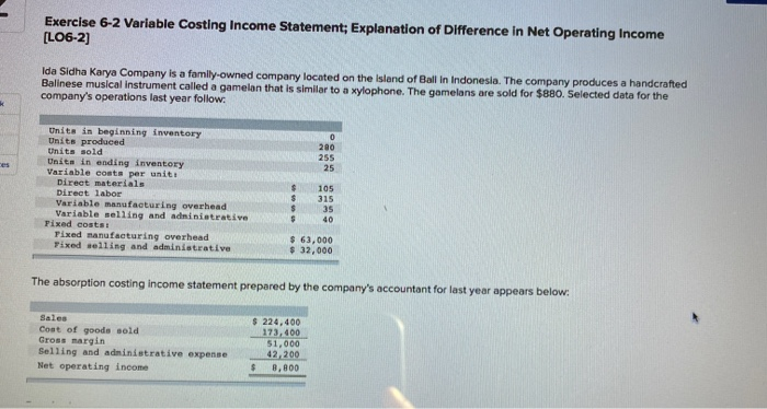 Solved Exercise 6-2 Variable Costing Income Statement; | Chegg.com