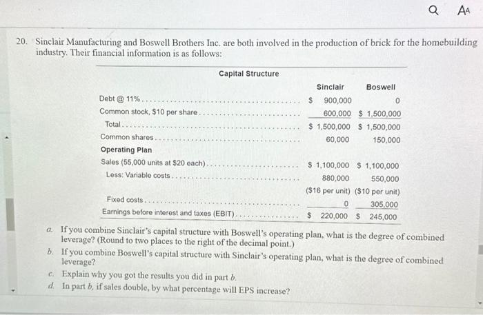 Solved 0. Sinclair Manufacturing and Boswell Brothers Inc. | Chegg.com