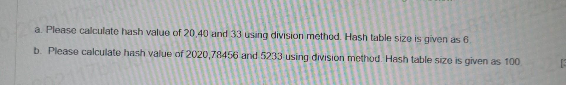 Solved a. Please calculate hash value of 20,40 and 33 using | Chegg.com Solved a. Please calculate hash value of 20,40 and 33 using | Chegg.com