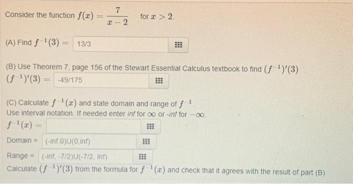 Solved Consider the function f(x)=x−27 for x>2 (A) Find | Chegg.com