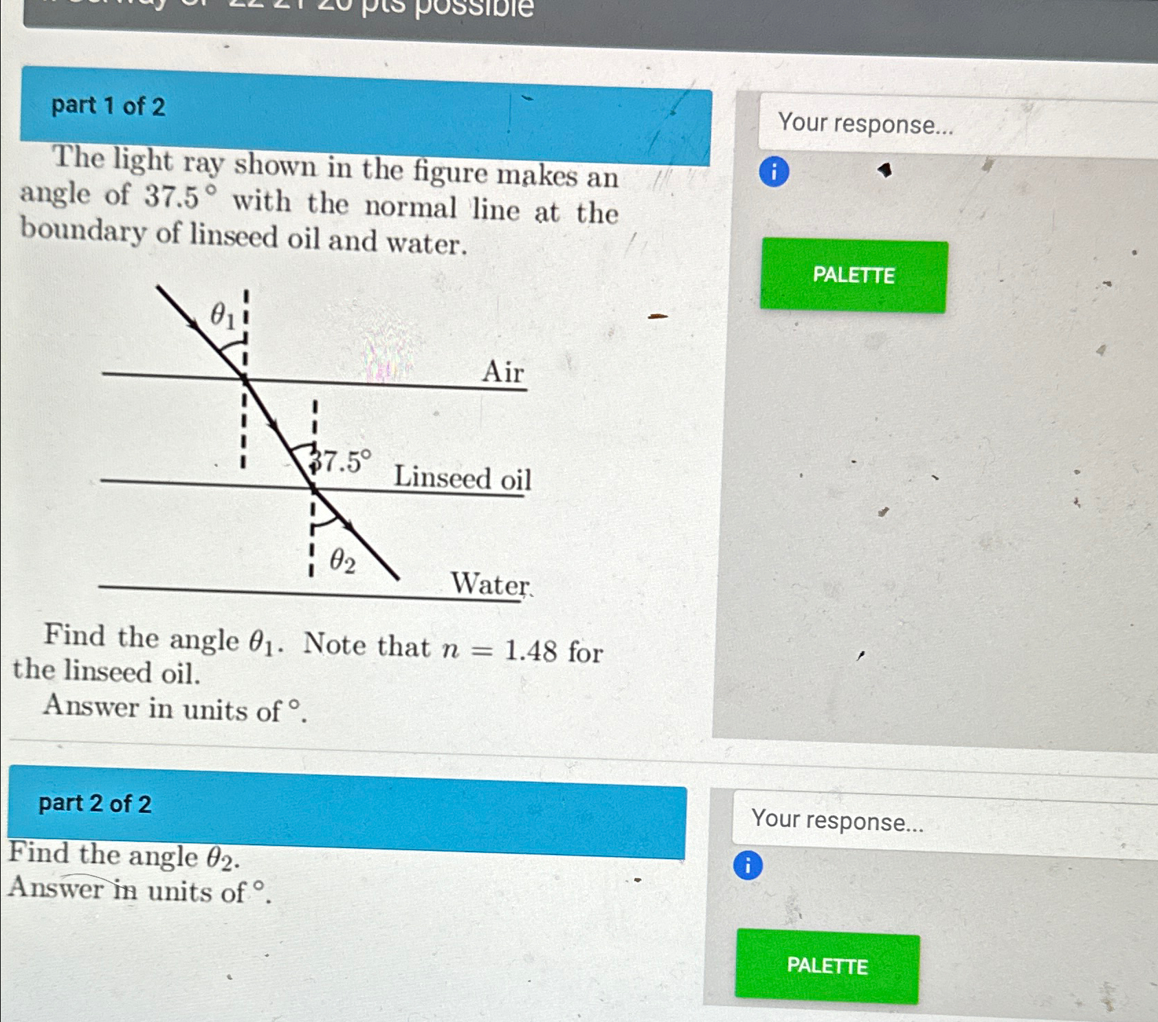 Solved The light ray shown in the figure makes an angle of | Chegg.com