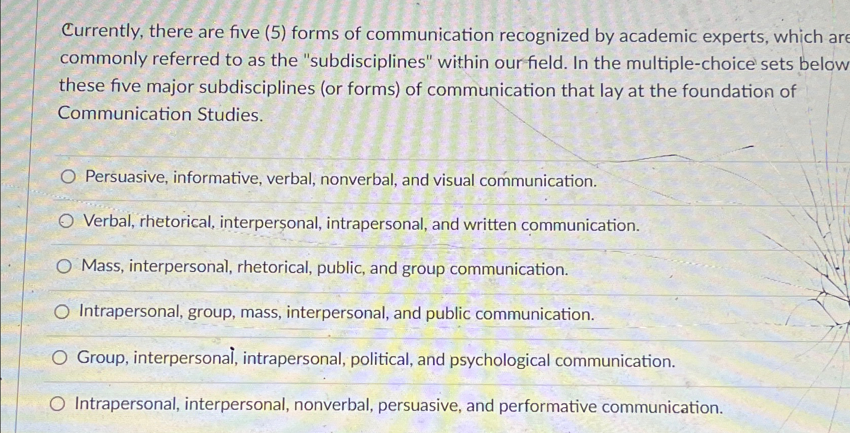 Solved Currently, there are five (5) ﻿forms of communication | Chegg.com