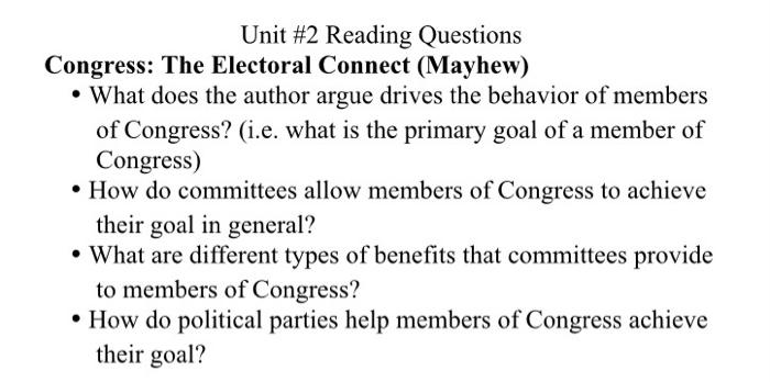 Unit \#2 Reading Questions Congress: The Electoral | Chegg.com