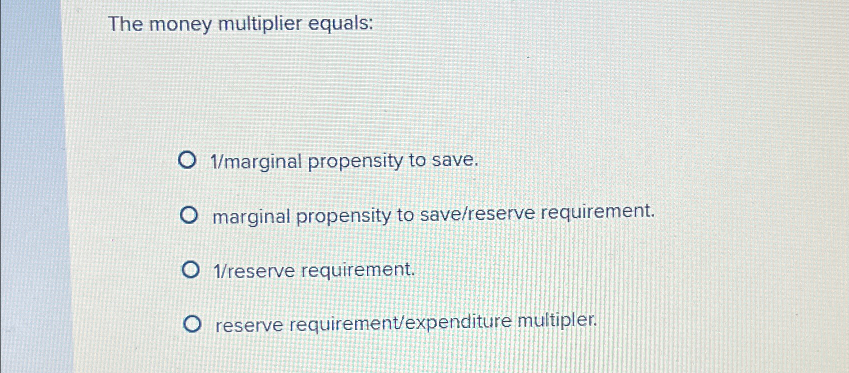 Solved The money multiplier equals:1/marginal propensity to | Chegg.com
