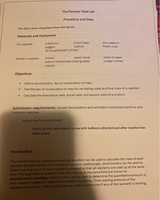 The Percent Yield Lab Procedure and Data This lab is | Chegg.com