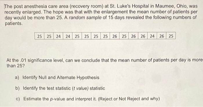 Solved The post anesthesia care area (recovery room) at St. | Chegg.com