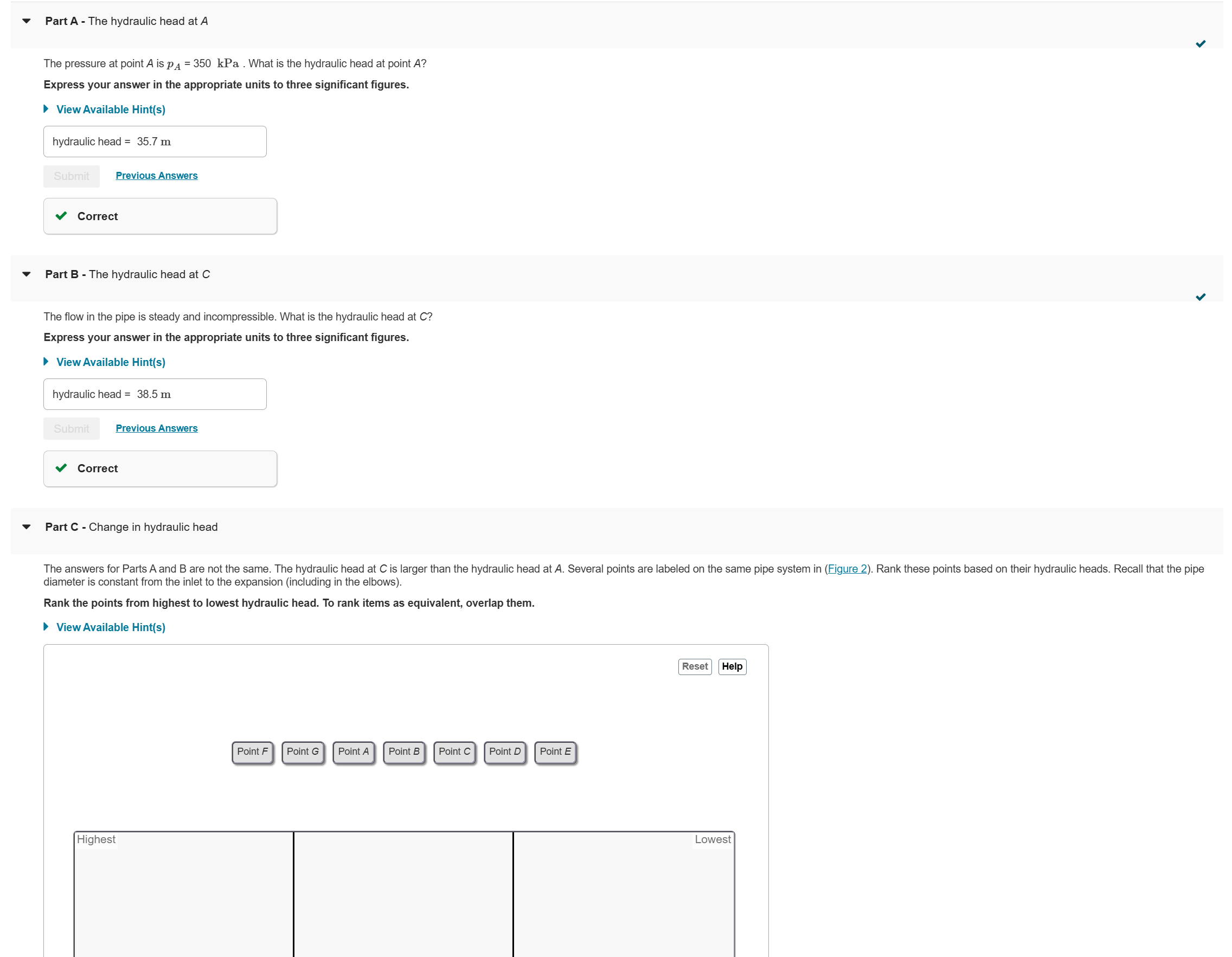 Solved Part A - ﻿The hydraulic head at AThe pressure at | Chegg.com