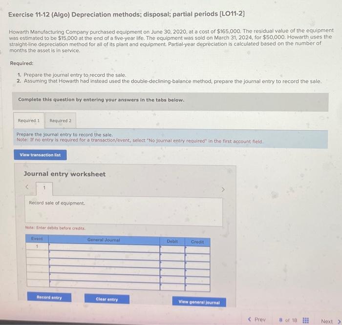 Solved Exercise 11-12 (Algo) Depreciation methods; disposal; | Chegg.com