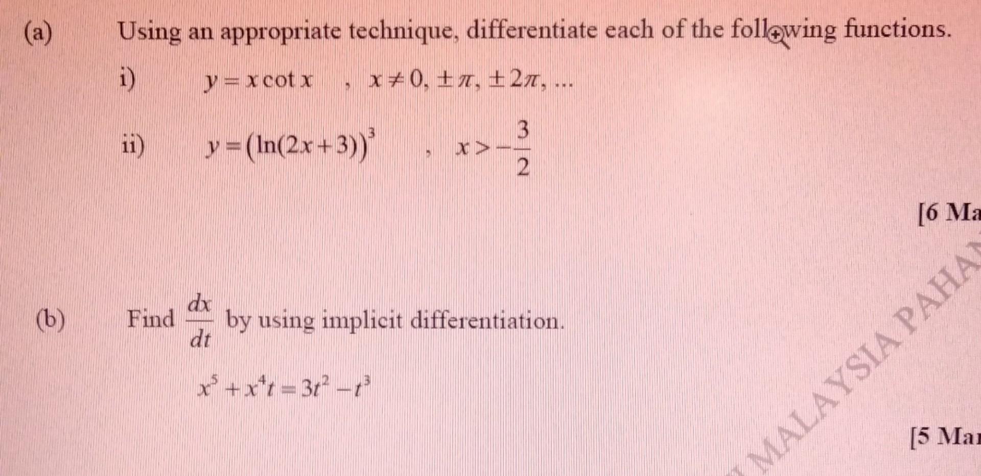 Solved (a) Using an appropriate technique, differentiate | Chegg.com