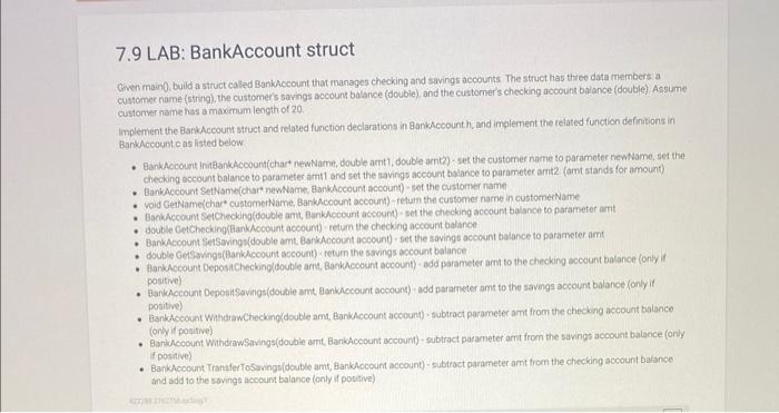 7.9 LAB: BankAccount struct Gwen main0. build a | Chegg.com