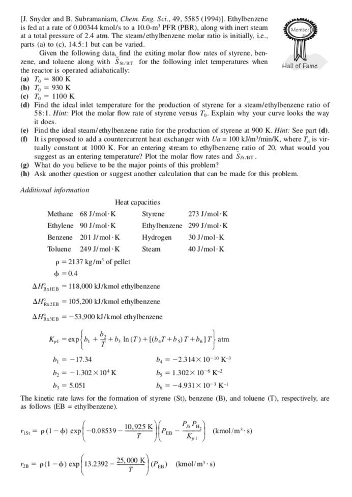 Solved [J. ﻿Snyder and B. ﻿Subramaniam, Chem. Eng. Sci., | Chegg.com