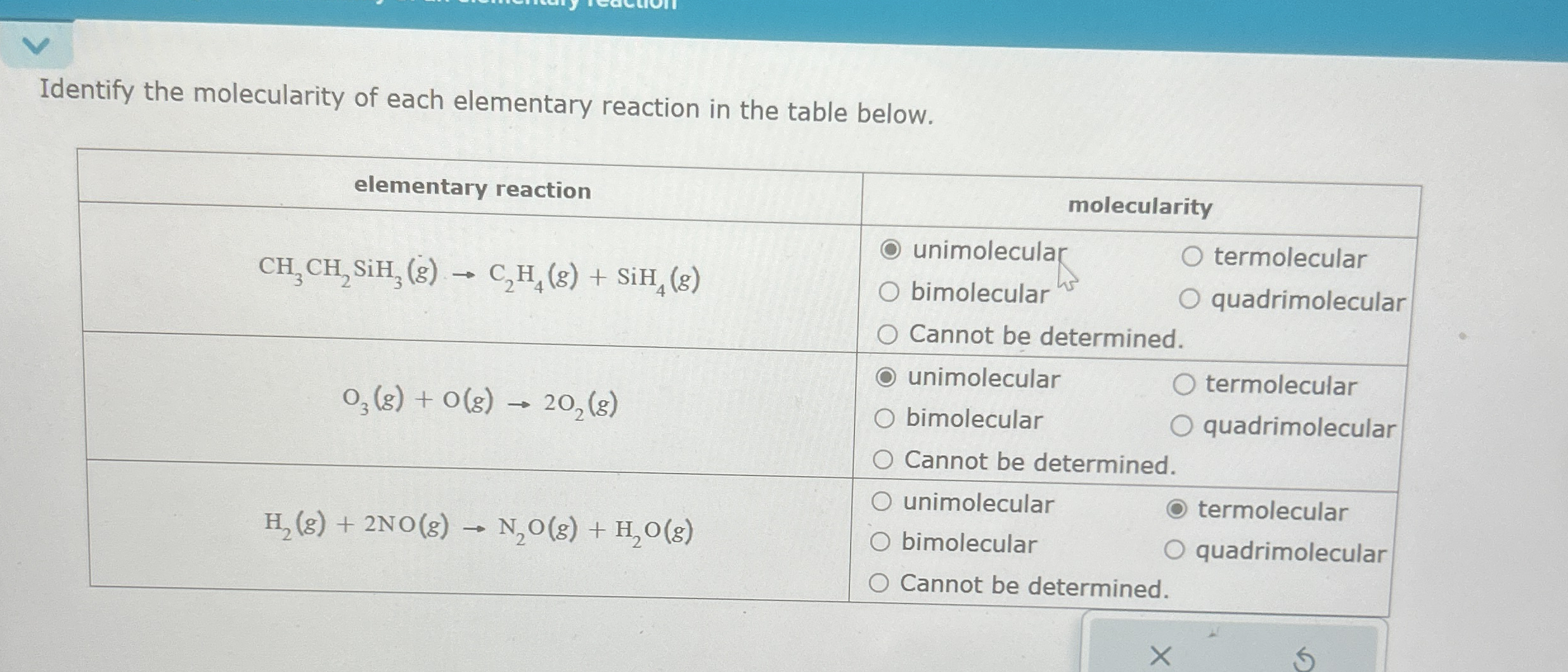 Solved Identify the molecularity of each elementary reaction | Chegg.com