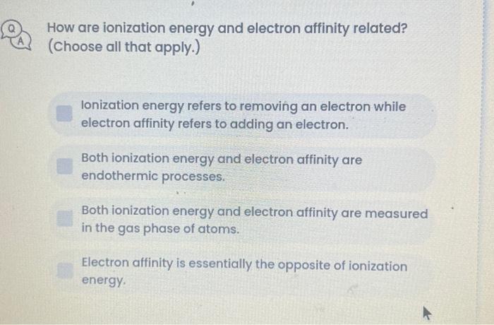 Solved How are ionization energy and electron affinity | Chegg.com