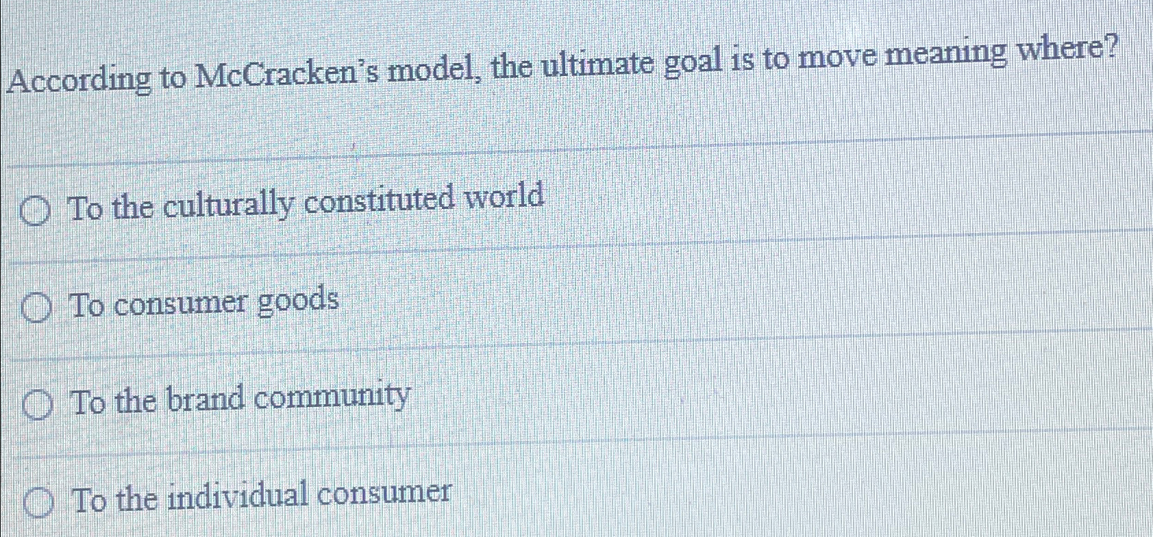 Solved According to McCracken's model, the ultimate goal is | Chegg.com