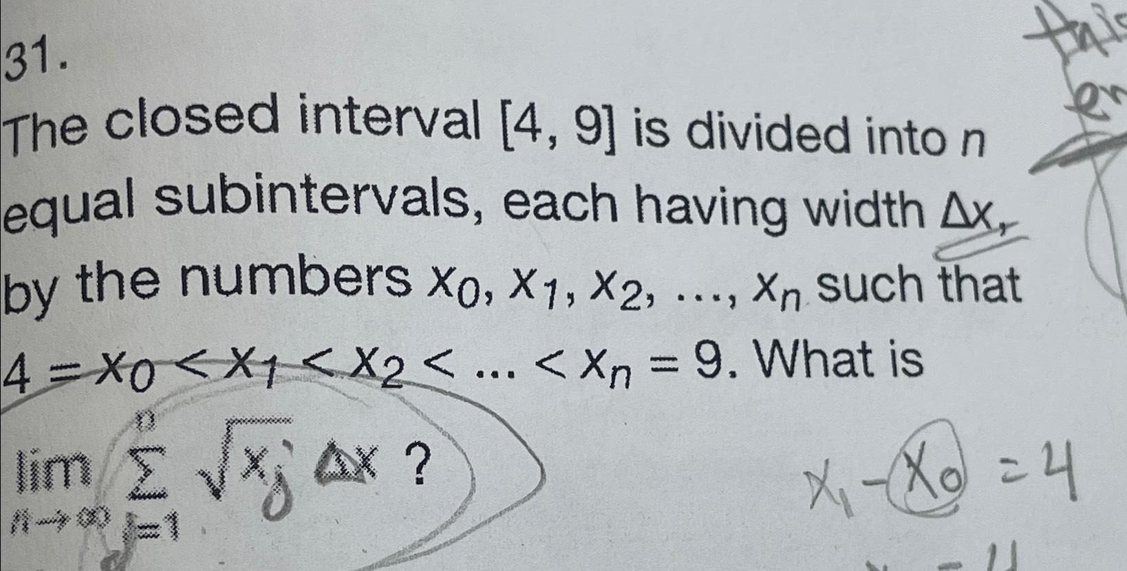 Solved The closed interval 4,9 ﻿is divided into n ﻿equal | Chegg.com