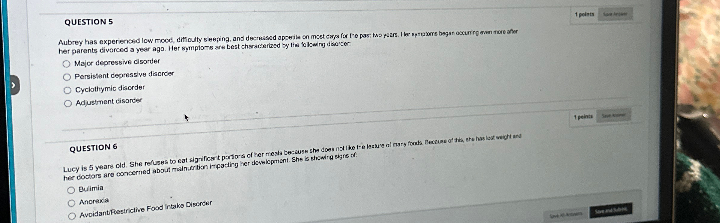 Solved QUESTION 51 ﻿pointsAubrey has experienced low mood, | Chegg.com