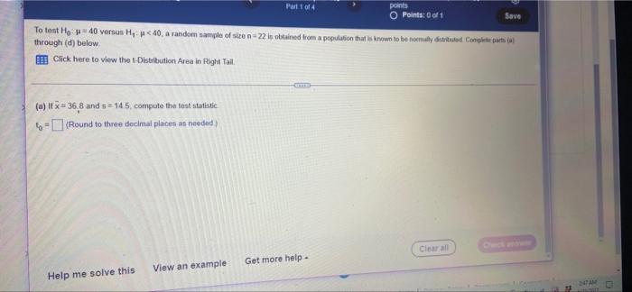 Solved Part 1 of 4 points O Points: 0 of 1 Save To test Ho: | Chegg.com
