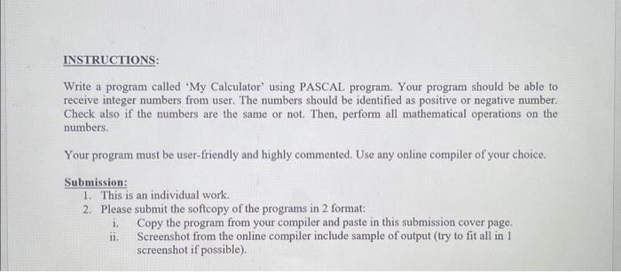 Solved INSTRUCTIONS: Write a program called 'My Calculator' | Chegg.com
