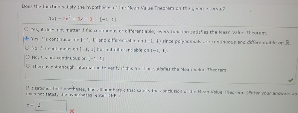 Solved Does the function satisfy the hypotheses of the Mean | Chegg.com