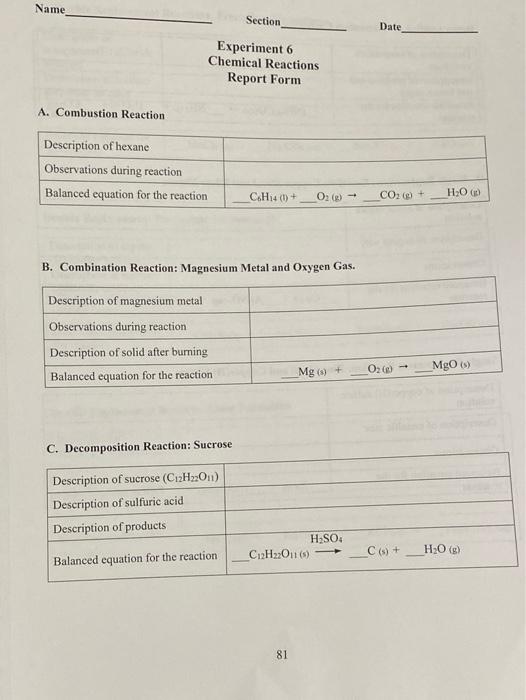 Solved Date Section Name Experiment 6 Chemical Reactions | Chegg.com