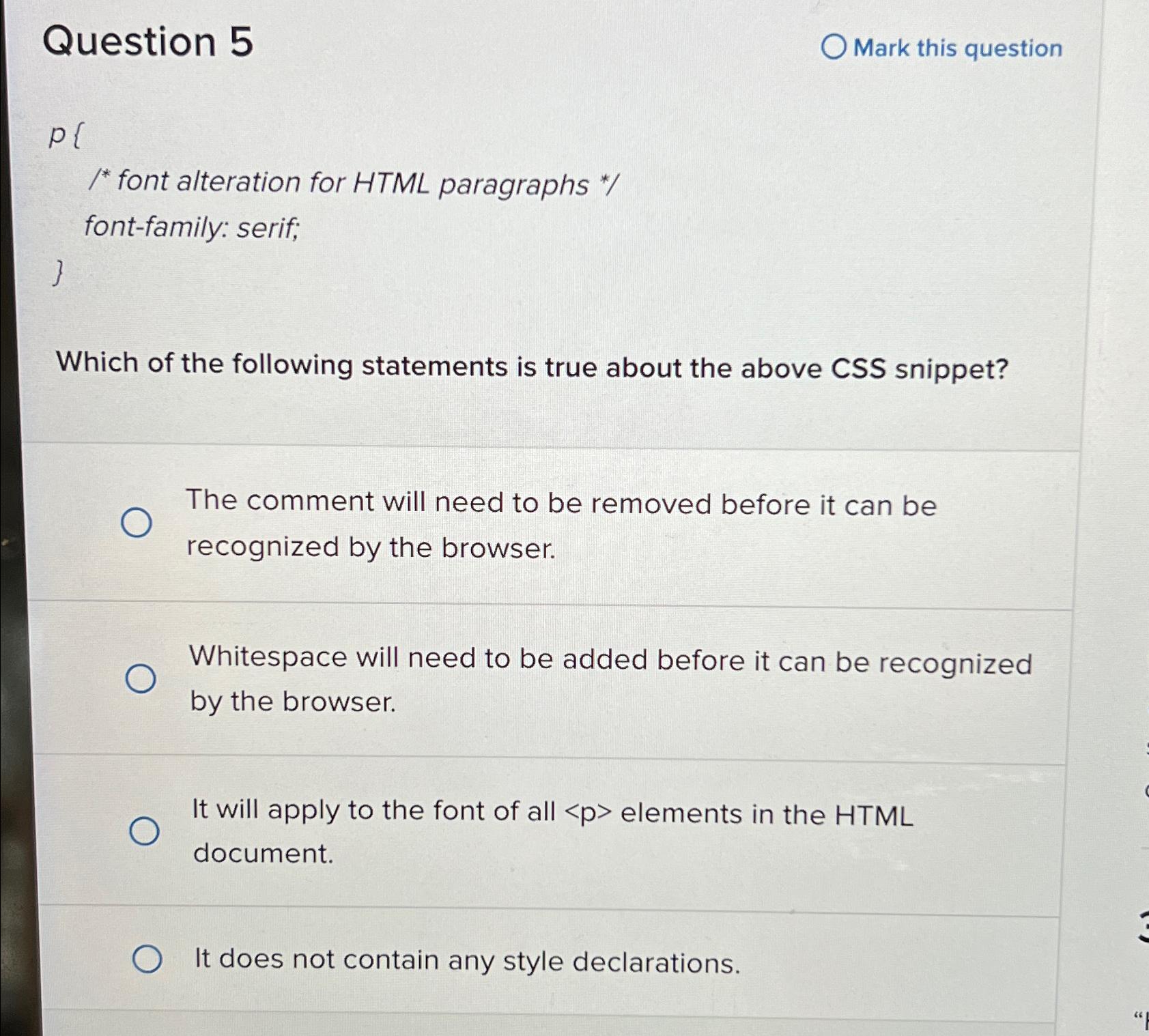 Solved Question 5Mark this question/* ﻿font alteration for | Chegg.com