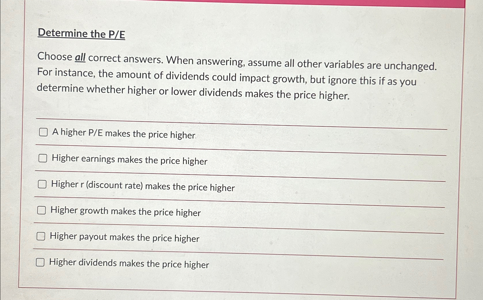 Solved Determine the P/EChoose all correct answers. When | Chegg.com
