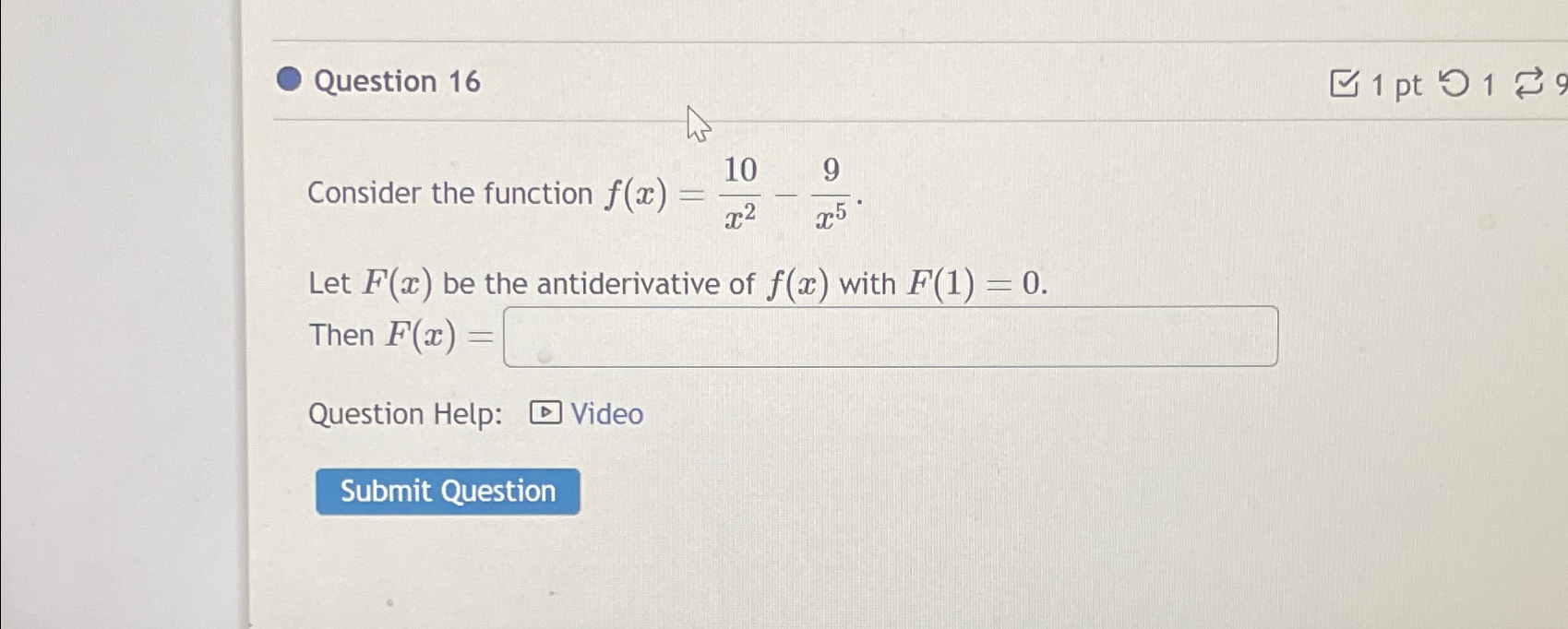 Solved Question 161 ﻿pt ぃ1⇄9Consider the function | Chegg.com