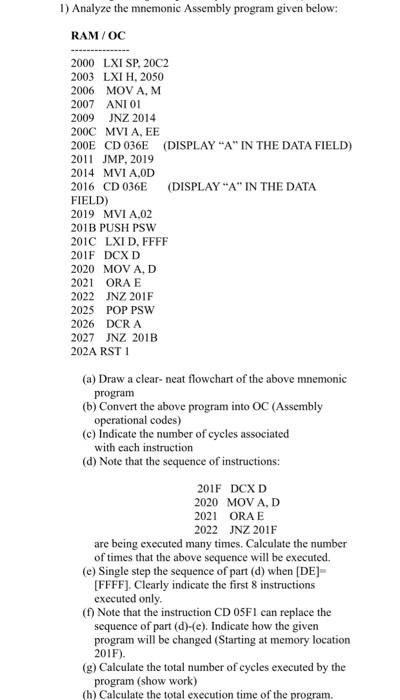 1) Analyze the mnemonic Assembly program given below: | Chegg.com