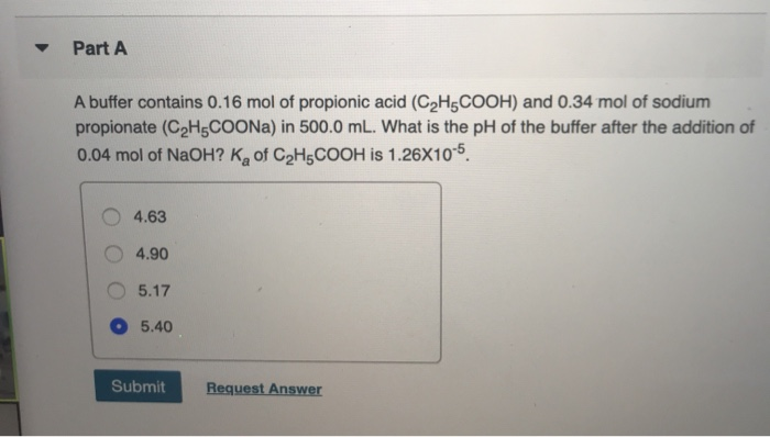Solved Part A A buffer contains 0.16 mol of propionic acid | Chegg.com