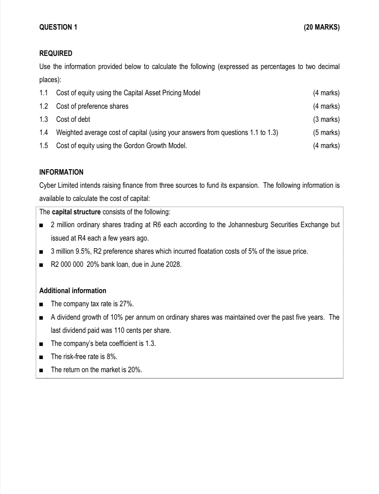Solved QUESTION 1(20 ﻿MARKS)REQUIREDUse the information | Chegg.com