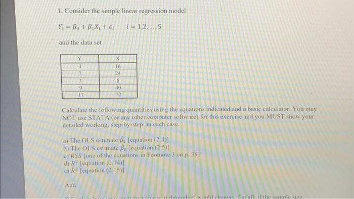 Solved 1. Consider the simple linear regression model Y = Bo | Chegg.com