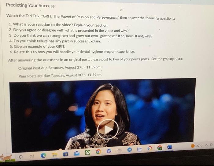 Solved Predicting Your Success Watch the Ted Talk, "GRIT: | Chegg.com