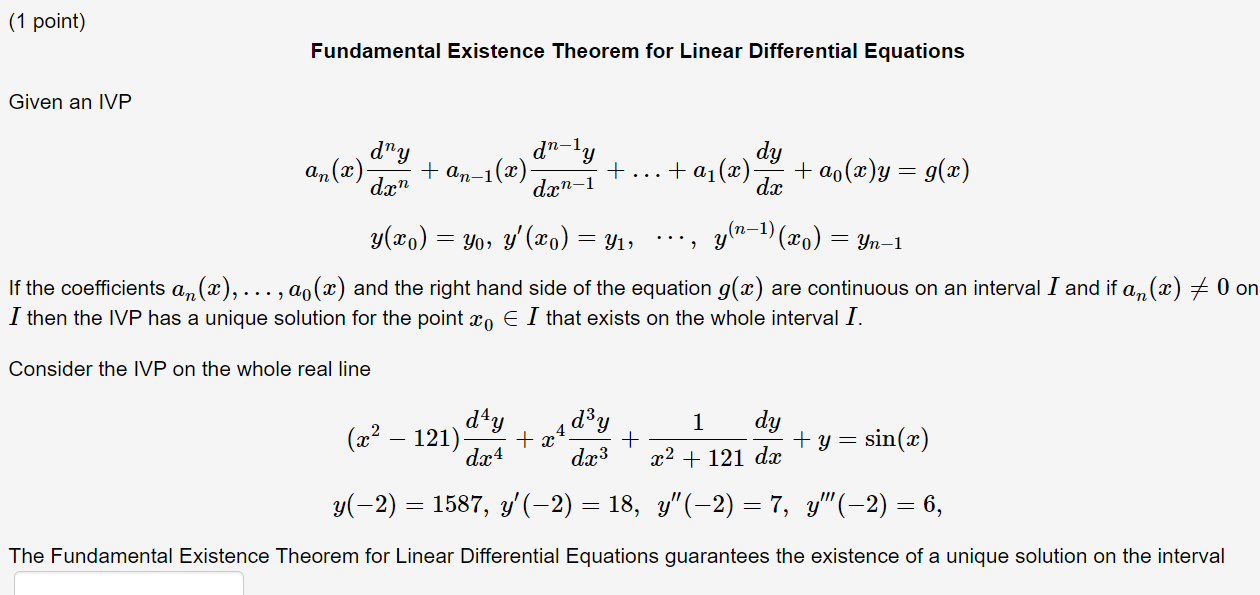 Solved (1 ﻿point)Fundamental Existence Theorem for Linear | Chegg.com