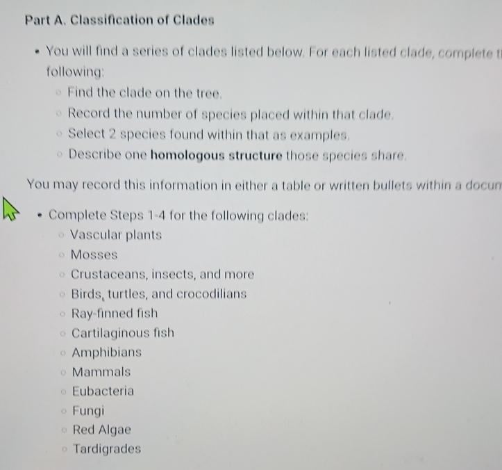 Solved Part A. ﻿Classification of CladesYou will find a | Chegg.com