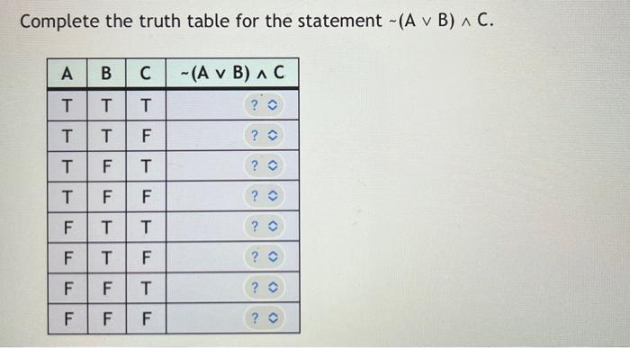 Solved Complete the truth table for the statement ∼(A∨B)∧C. | Chegg.com